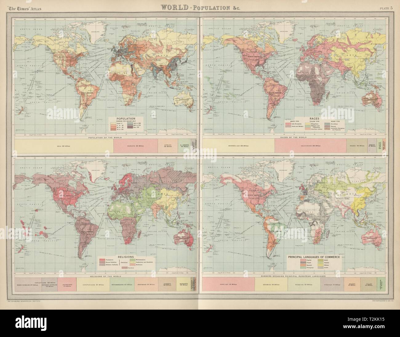 World - population races religions. Business languages. THE TIMES 1922 ...