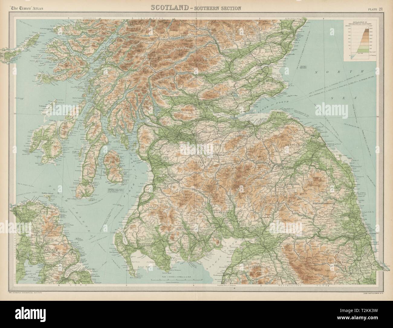 Southern Scotland. Relief & railways. THE TIMES 1922 old vintage map ...