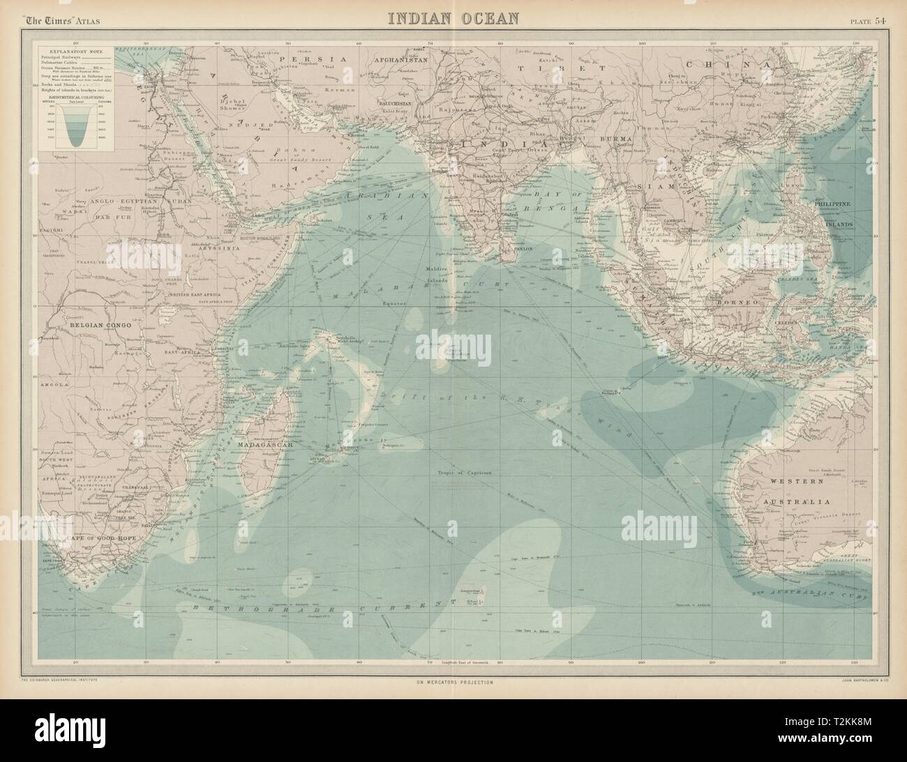 Indian Ocean. Shipping routes, currents & depths. THE TIMES 1922 old ...