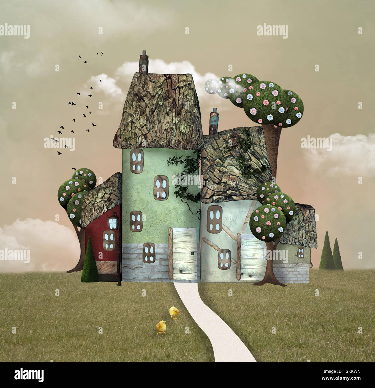 Fantasy country house with surreal trees Stock Photo - Alamy
