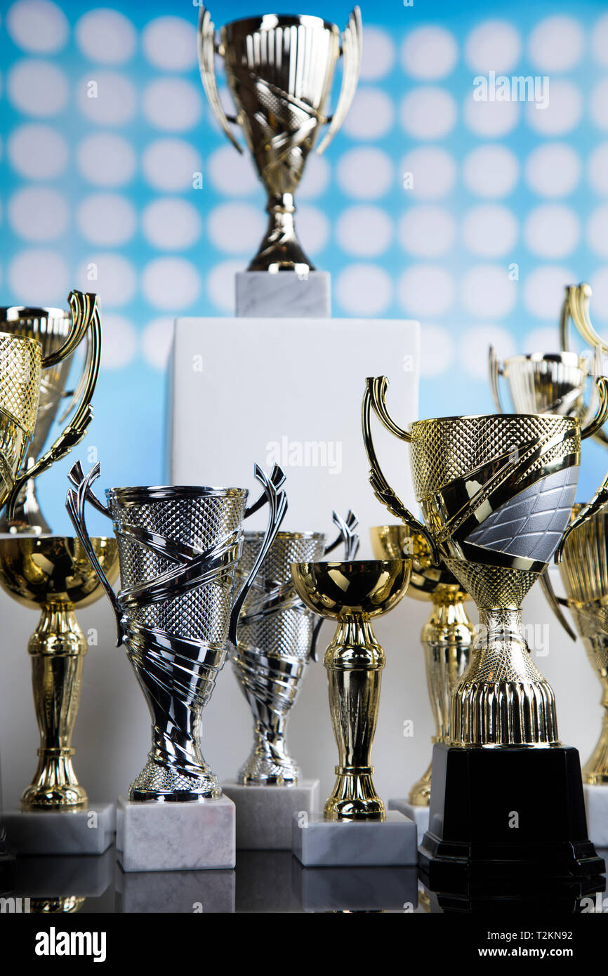 Podium for sports awards, equipment and balls Stock Photo - Alamy