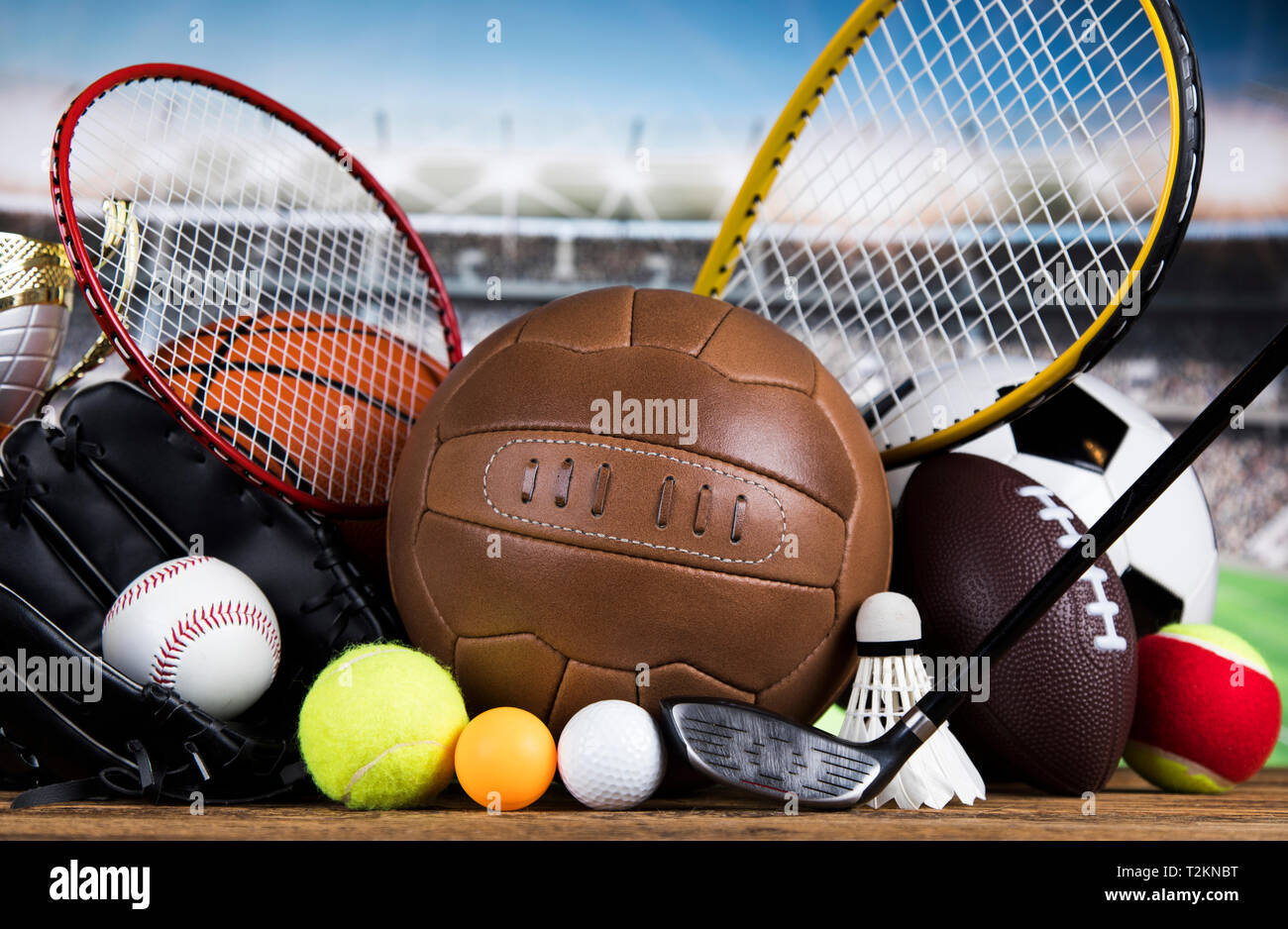 Sport equipment and balls background Stock Photo - Alamy