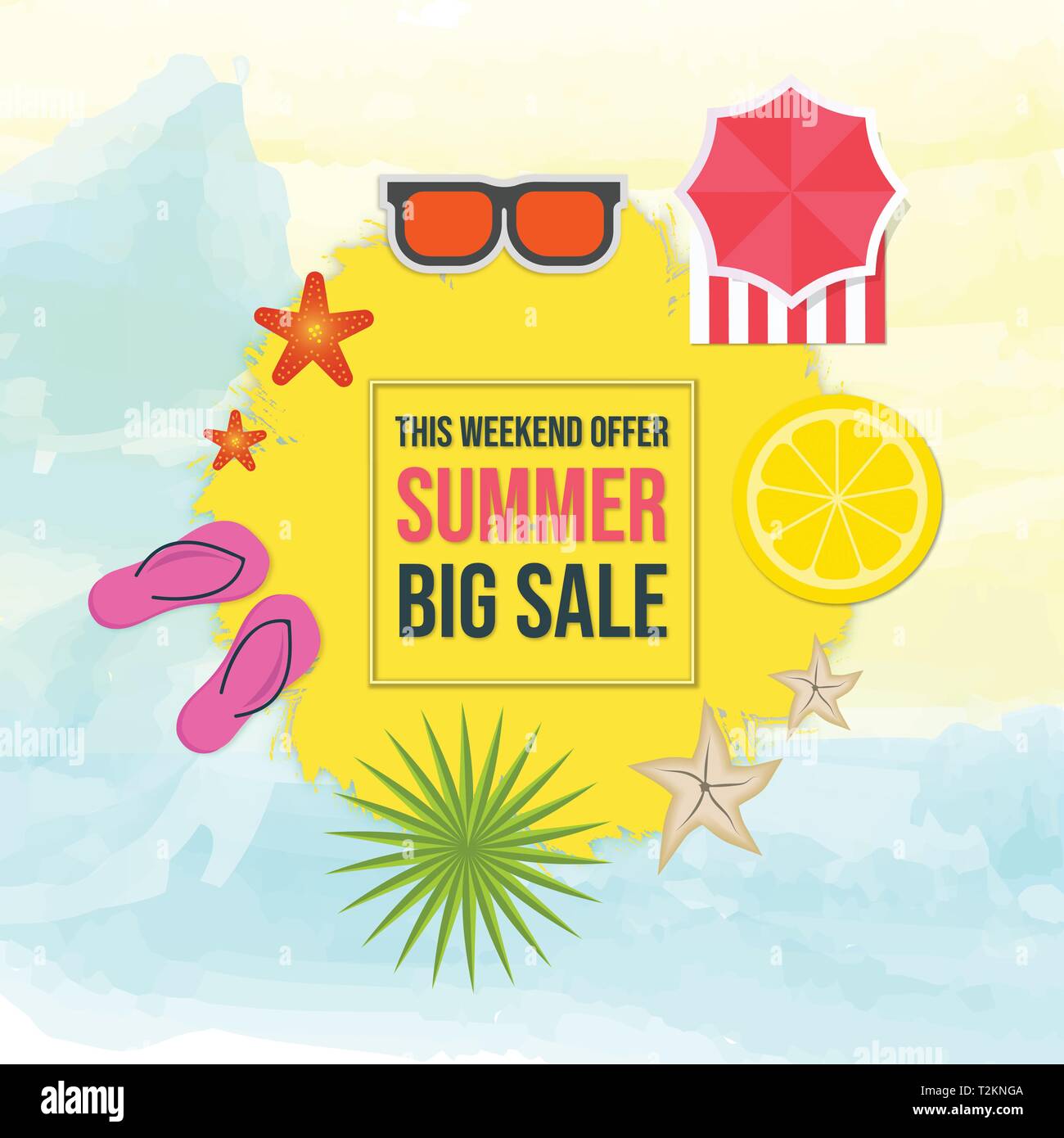 Summer Big Sale on Yellow Shape over Watercolor Background Top View ...