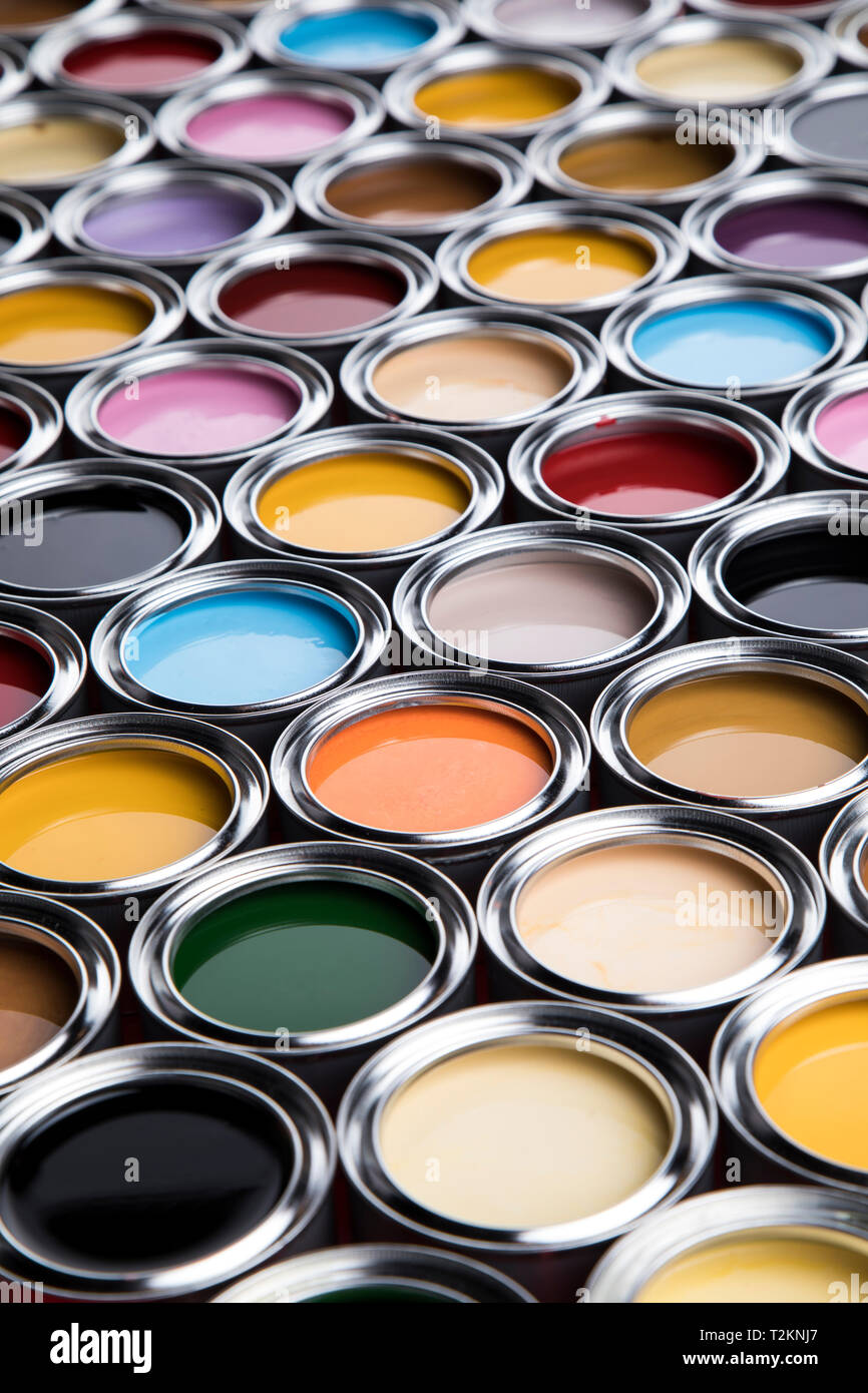 Collection of colored paints cans Stock Photo - Alamy