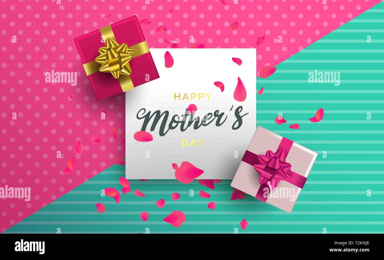 Mothers Day greeting card illustration, realistic 3d gift boxes with ...