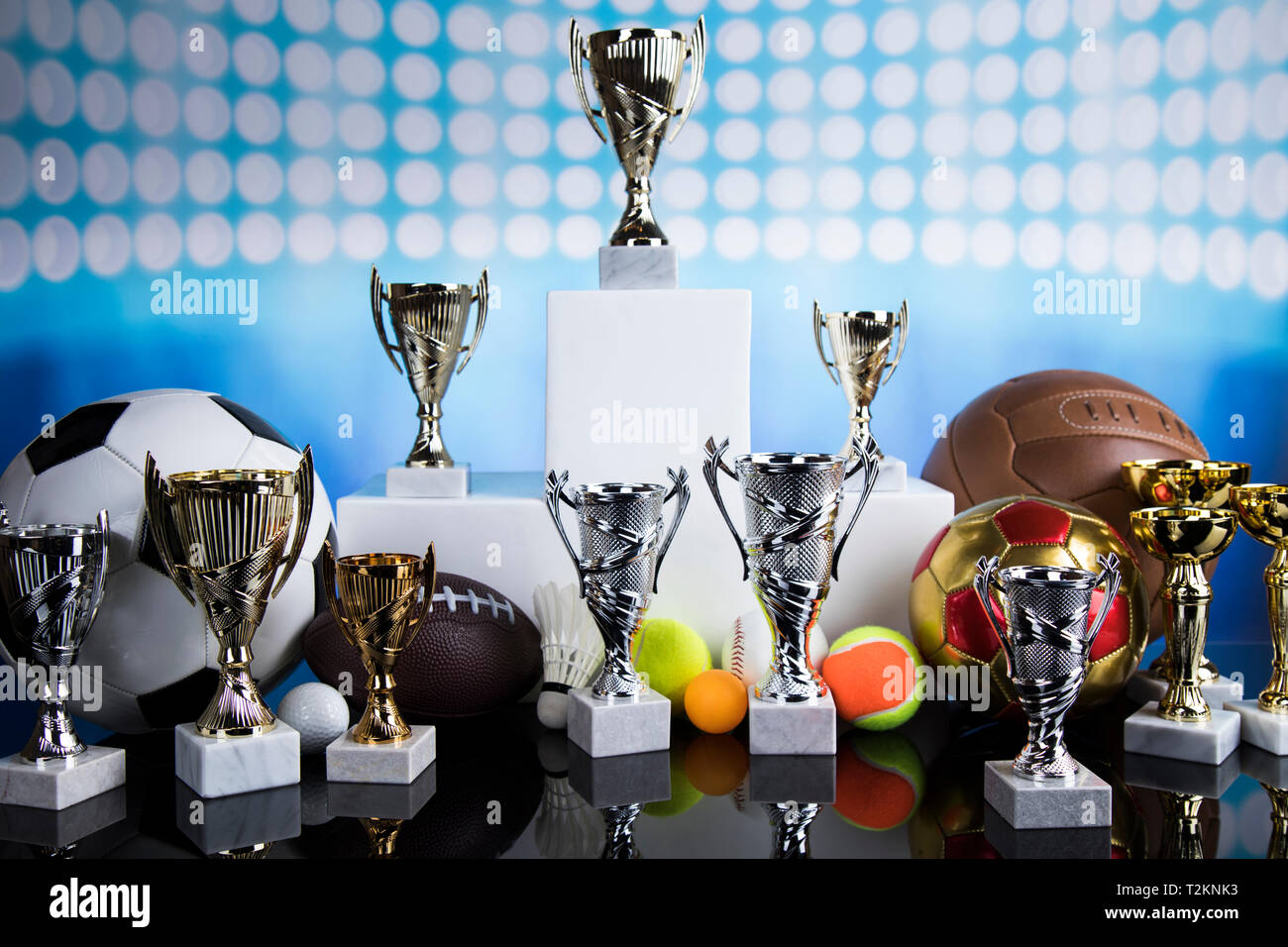 Podium for sports awards, equipment and balls Stock Photo - Alamy