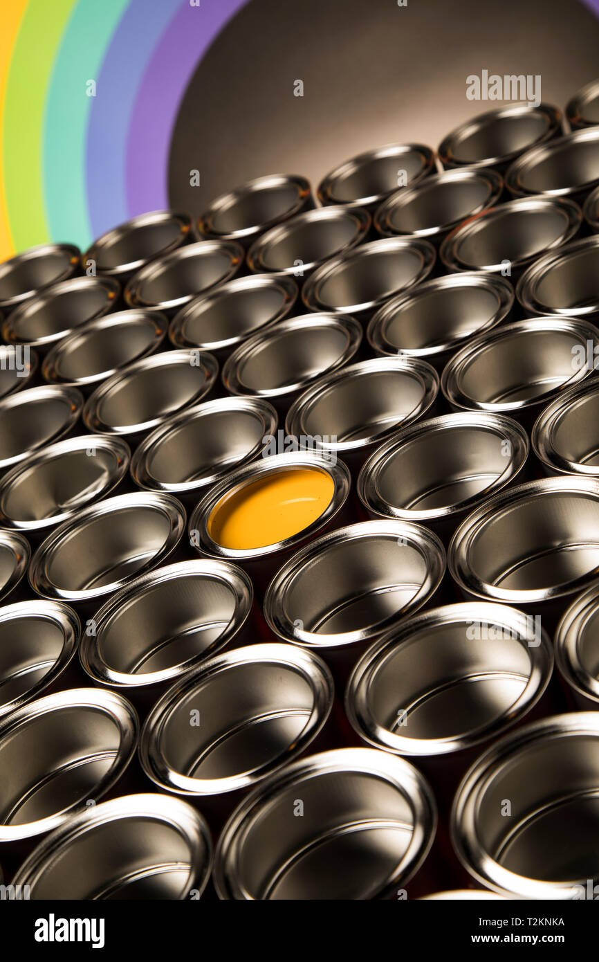 Metal tin paint cans background Stock Photo - Alamy