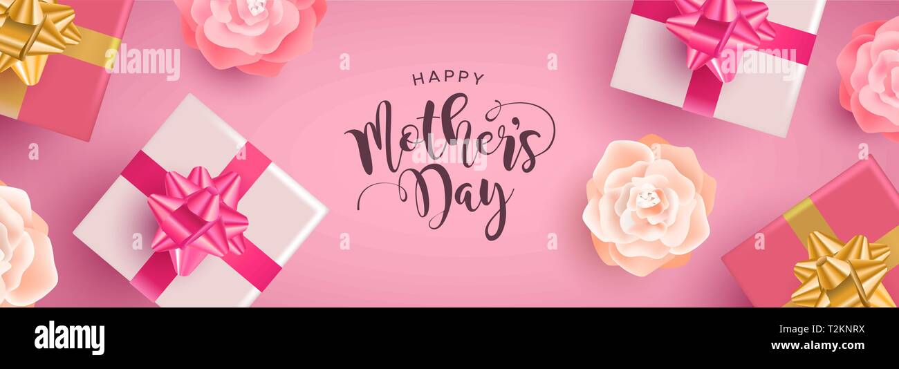 Mothers Day web banner illustration, realistic spring flowers and gift ...