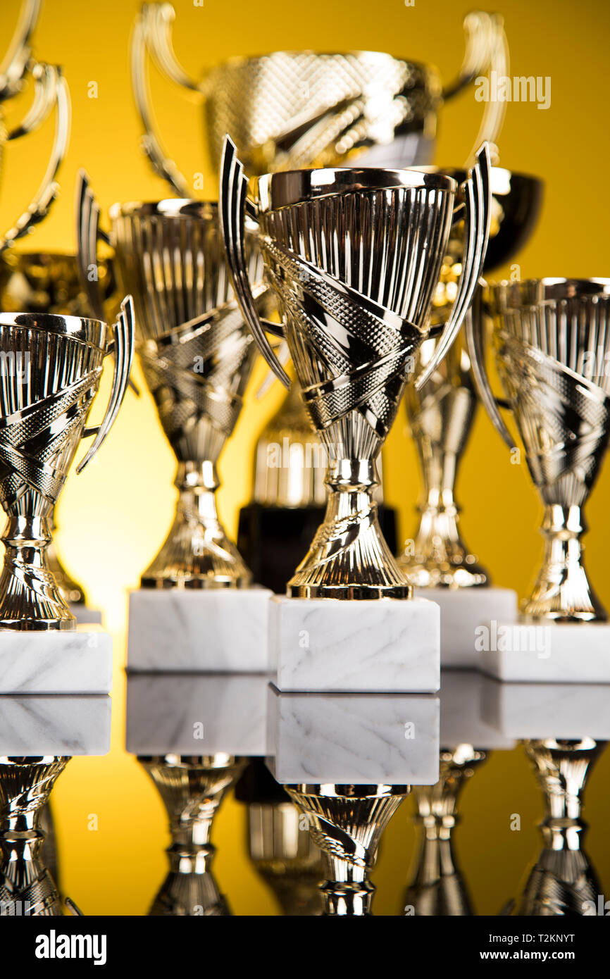 Award winning and championship concept, trophy cup on sport background ...