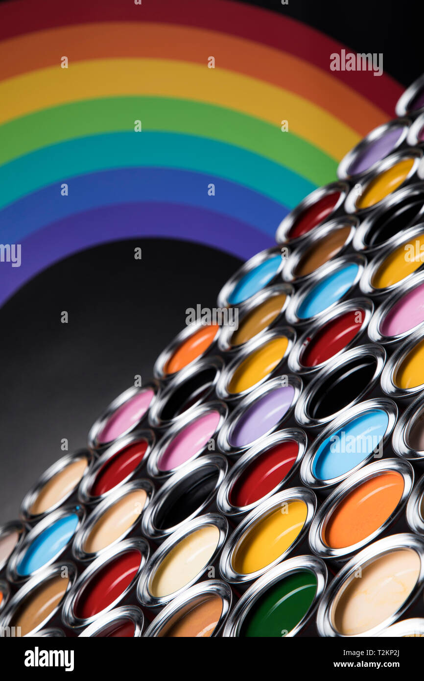 Collection of colored paints cans Stock Photo - Alamy