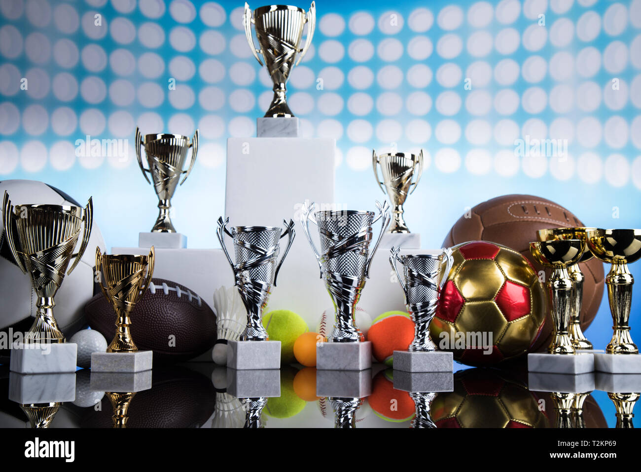 Podium for sports awards, equipment and balls Stock Photo - Alamy