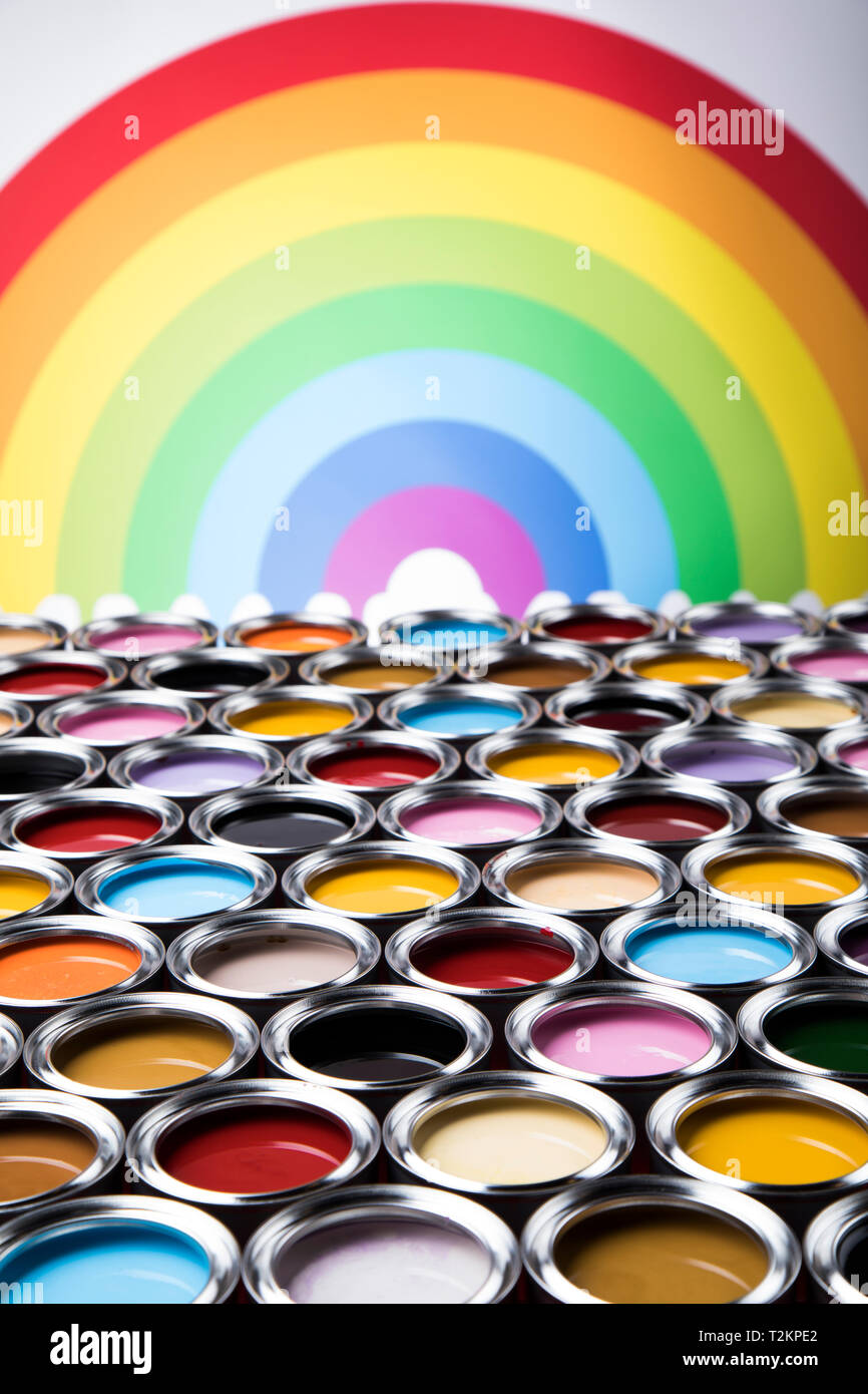 Color palette, can, Rainbow colors background Stock Photo - Alamy