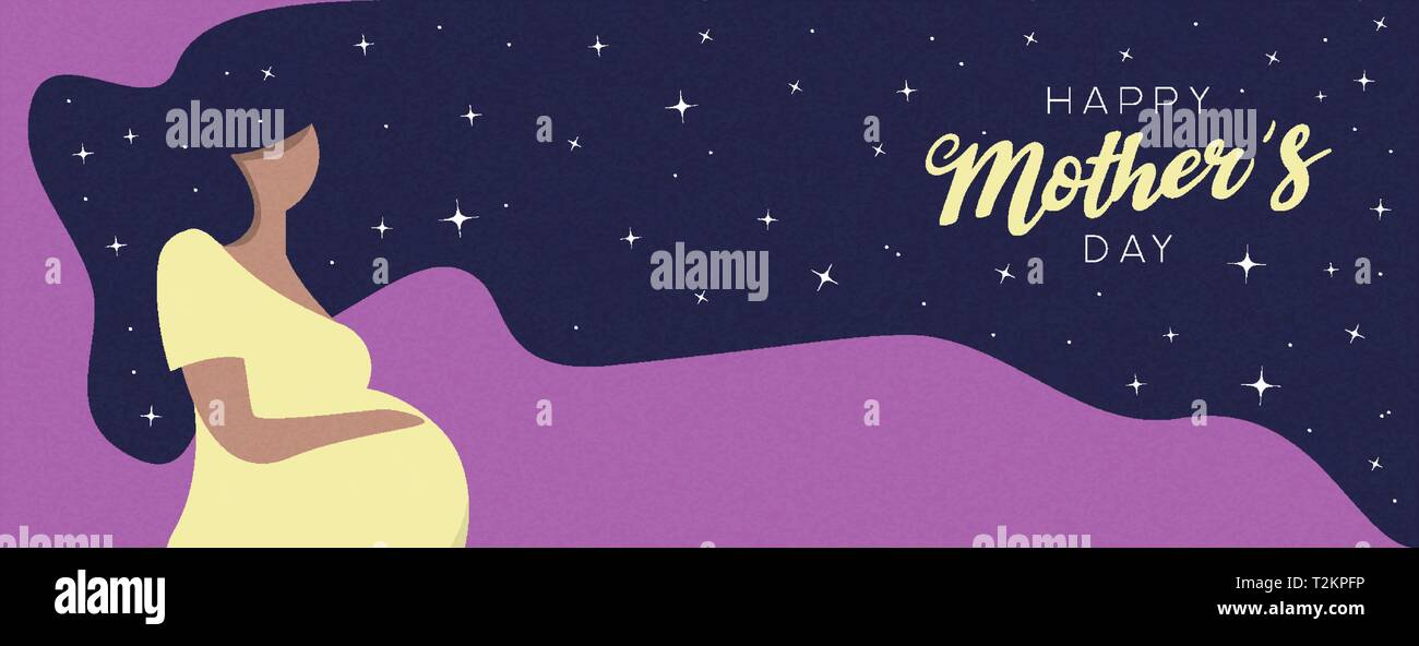 Happy Mothers Day banner illustration. Pregnant woman with long hair ...