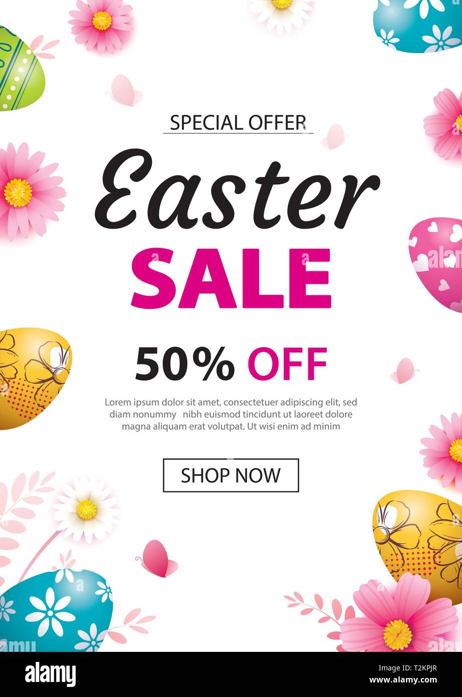 Easter sale banner design template with colorful eggs and flowers. Use ...