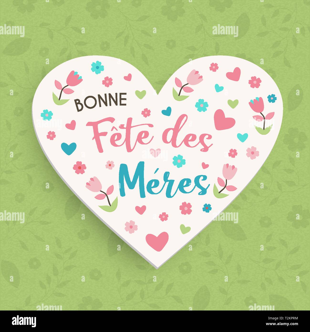 French Mothers Day greeting card illustration with cute spring flowers ...