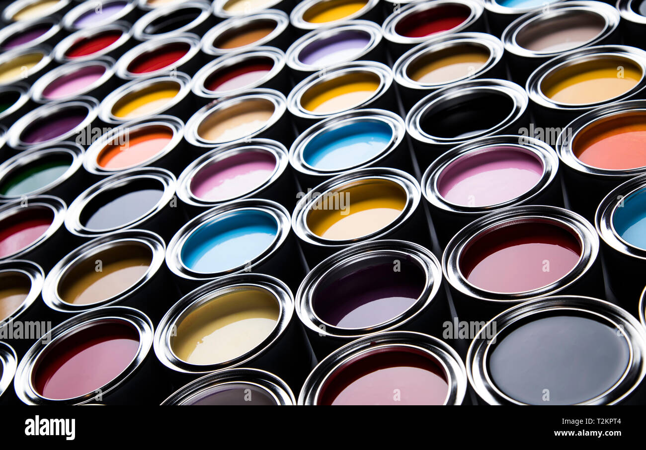 Collection of colored paints cans Stock Photo - Alamy