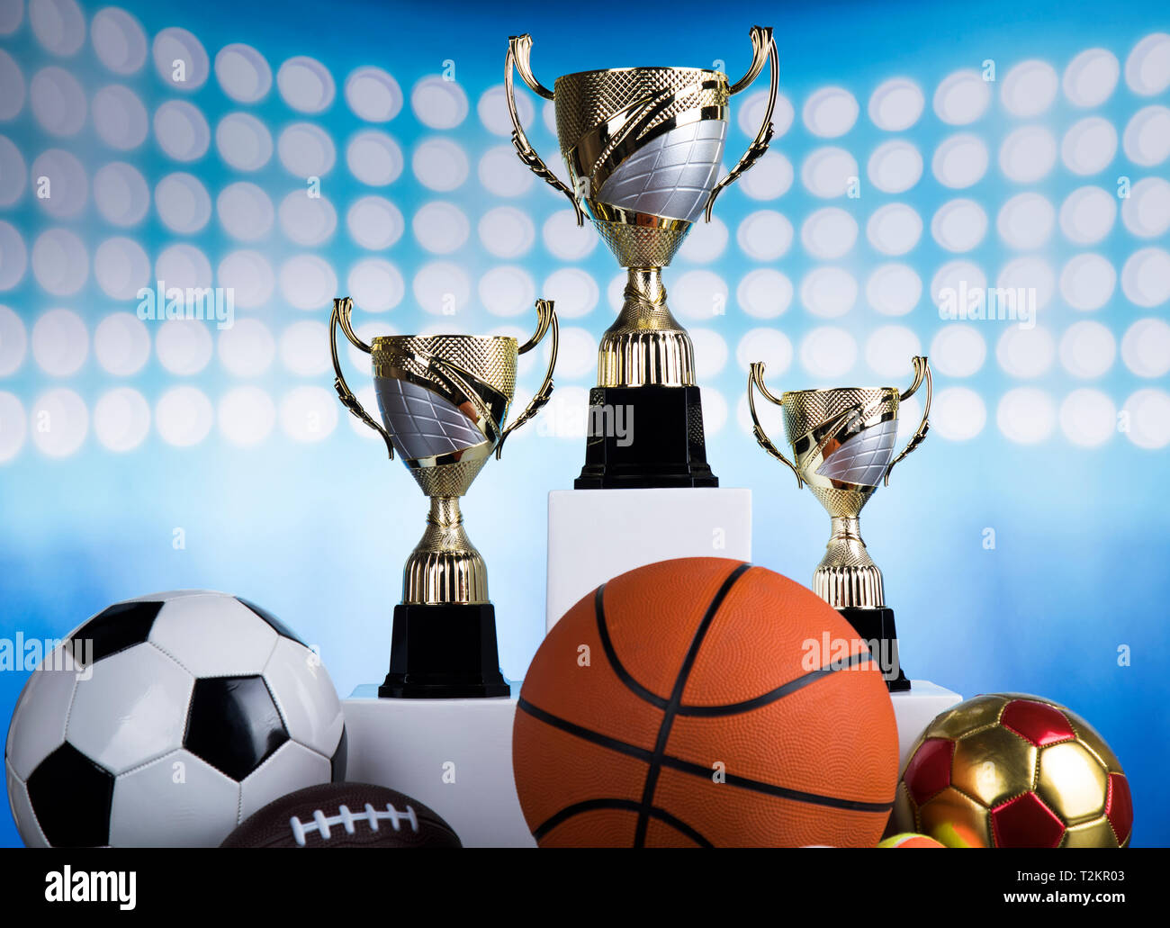 Podium for sports awards, equipment and balls Stock Photo - Alamy