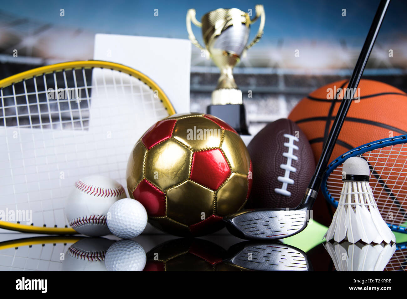 Podium for sports awards, equipment and balls Stock Photo - Alamy