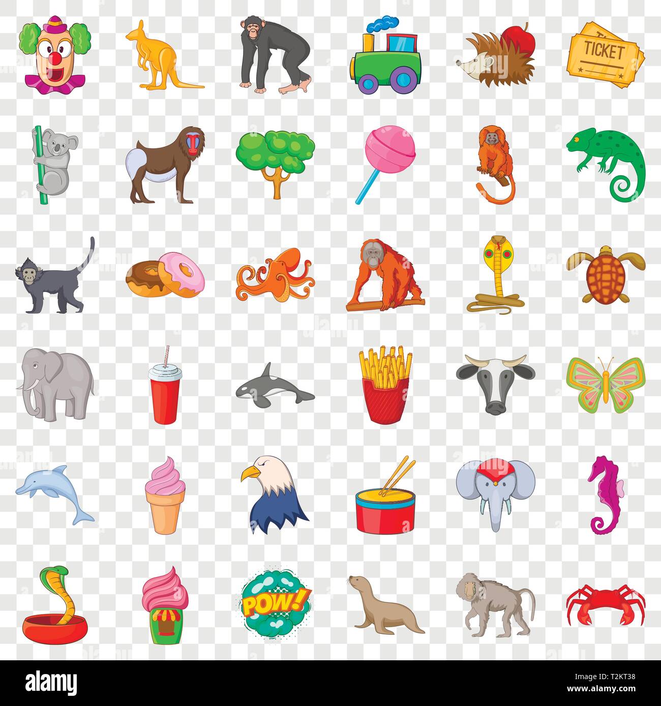 Animal zoo icons set. Cartoon style of 36 animal zoo vector icons for ...