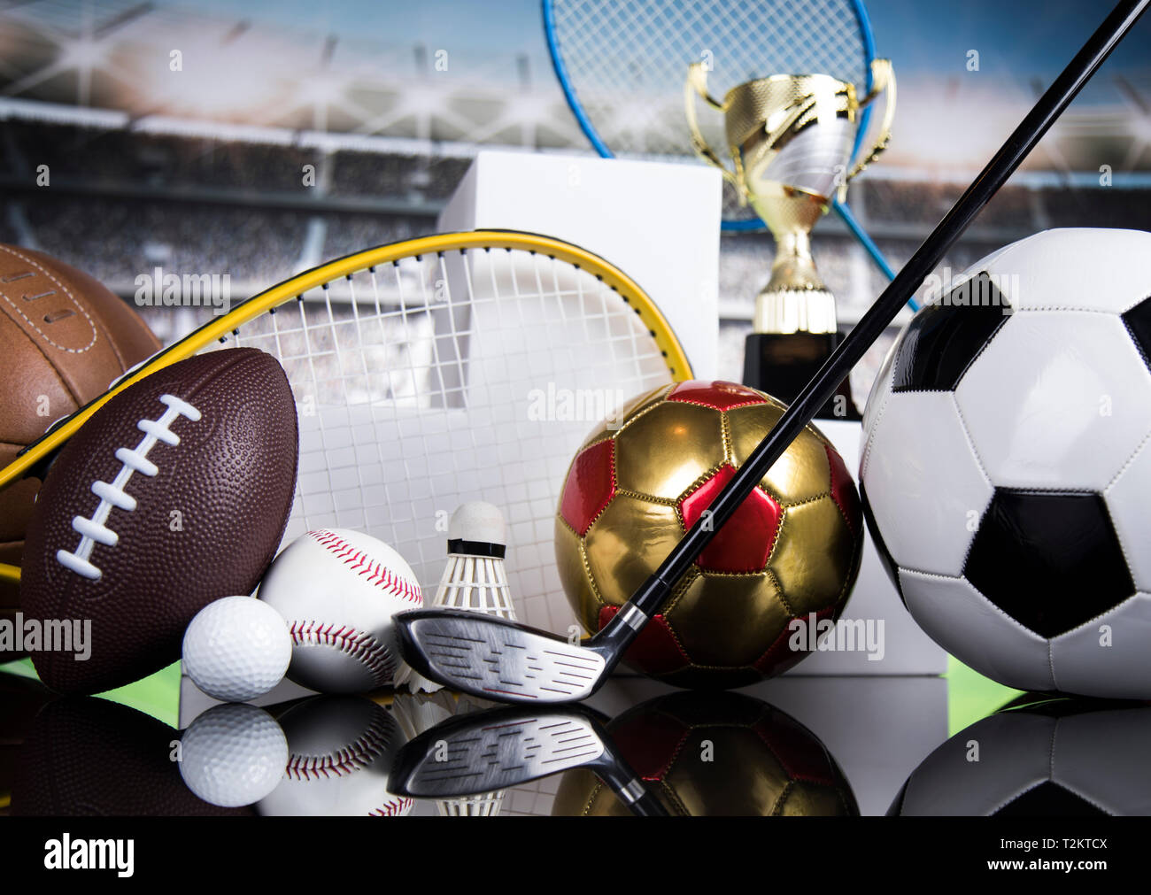 Podium for sports awards, equipment and balls Stock Photo - Alamy