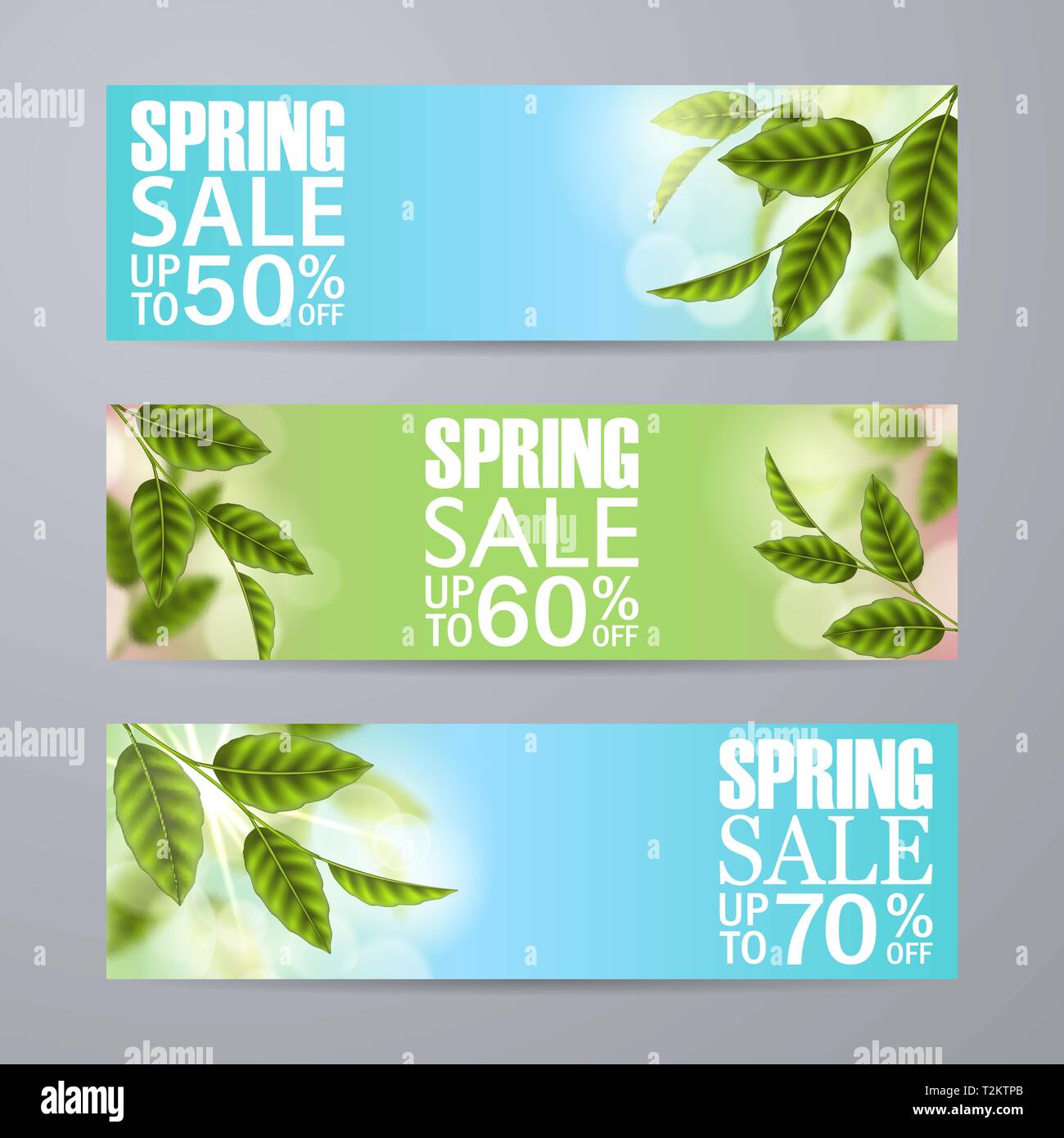 Set of vector spring sale horizontal banners. Realistic branches green ...