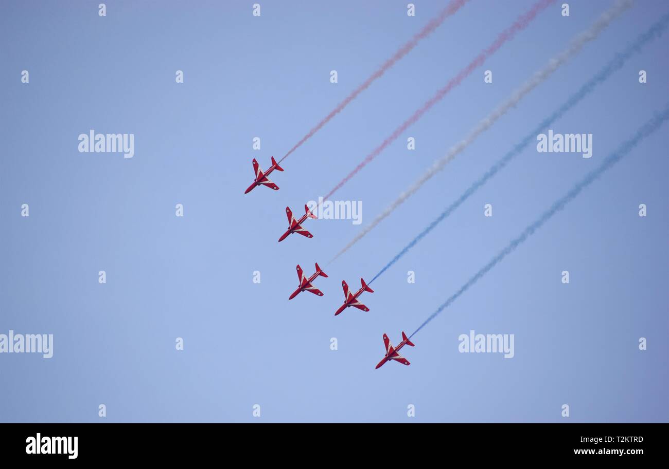 Red Arrows aerobatic display 170817 Stock Photo - Alamy