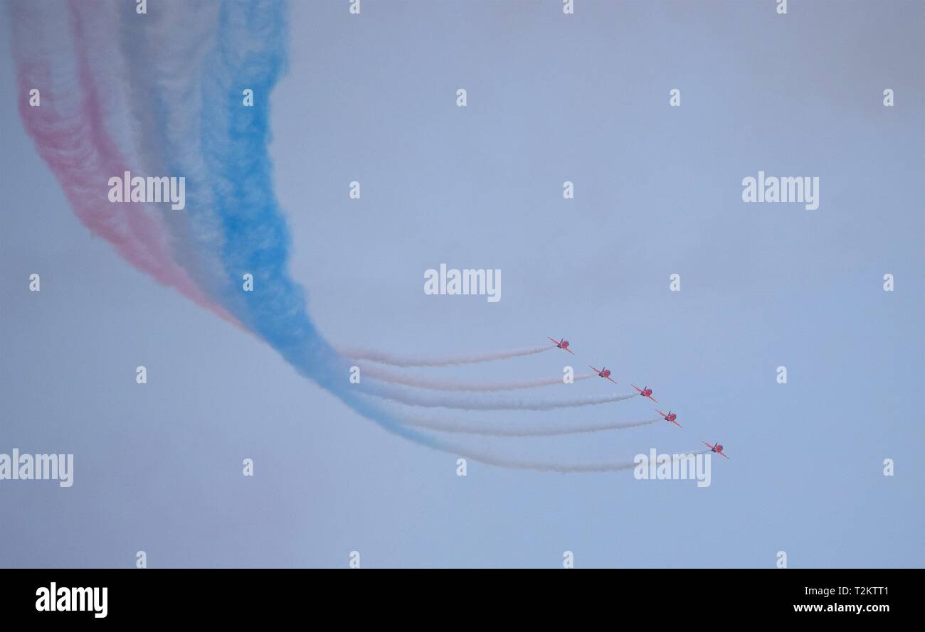 Red Arrows aerobatic display 170817 Stock Photo - Alamy