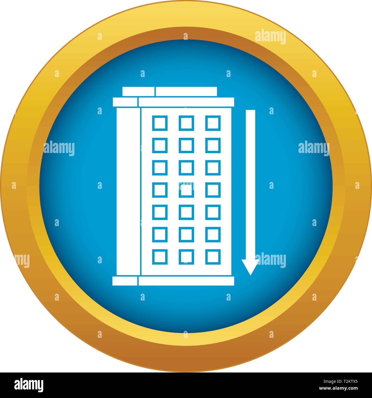 Tall building and down arrow icon blue vector isolated on white ...