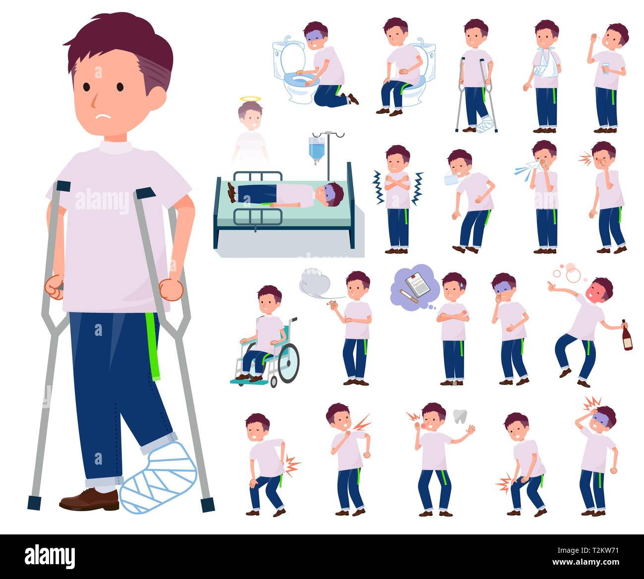 A set of young man with injury and illness.There are actions that ...