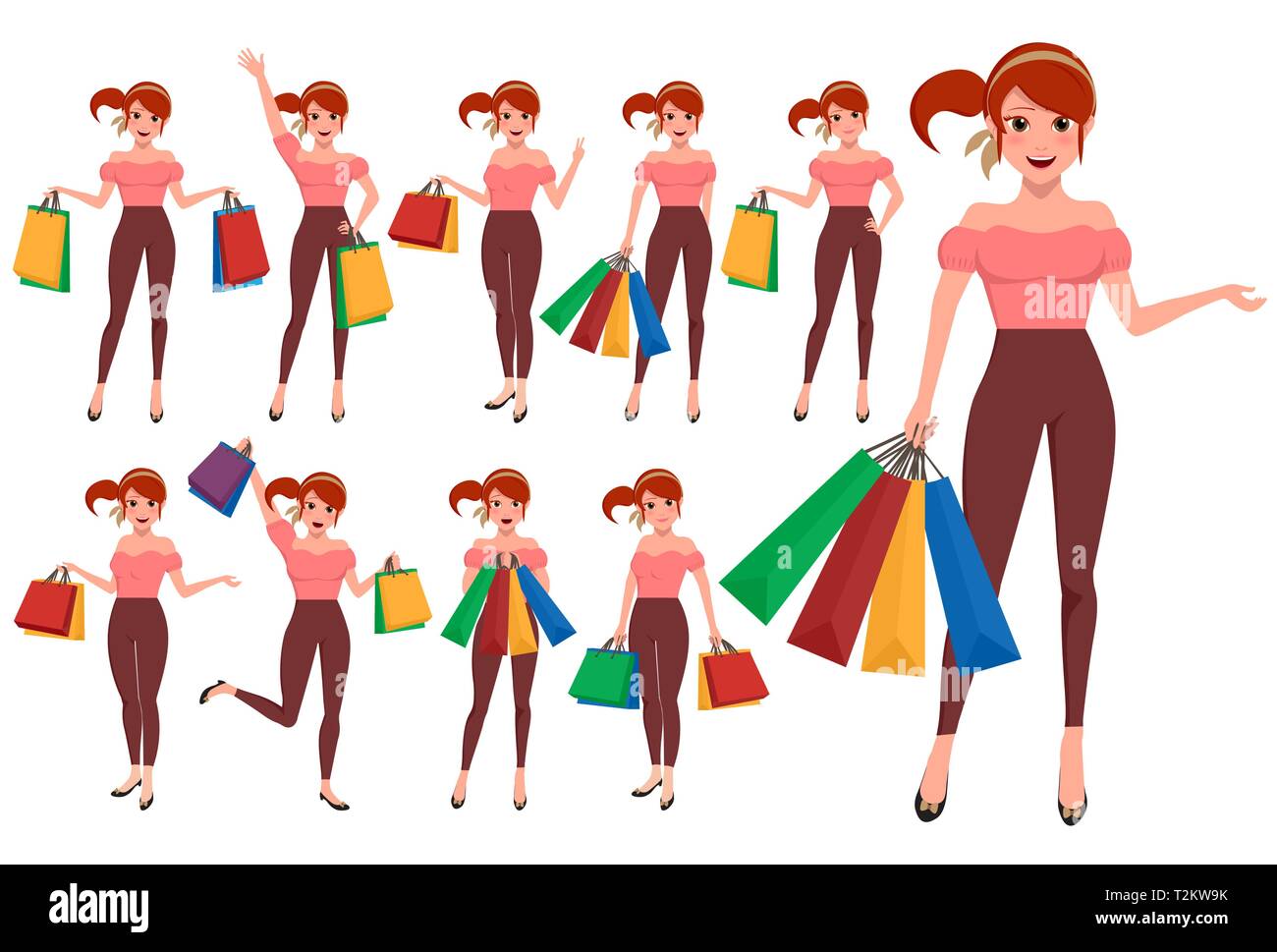Shopping woman vector character set. Girl cartoon character holding ...