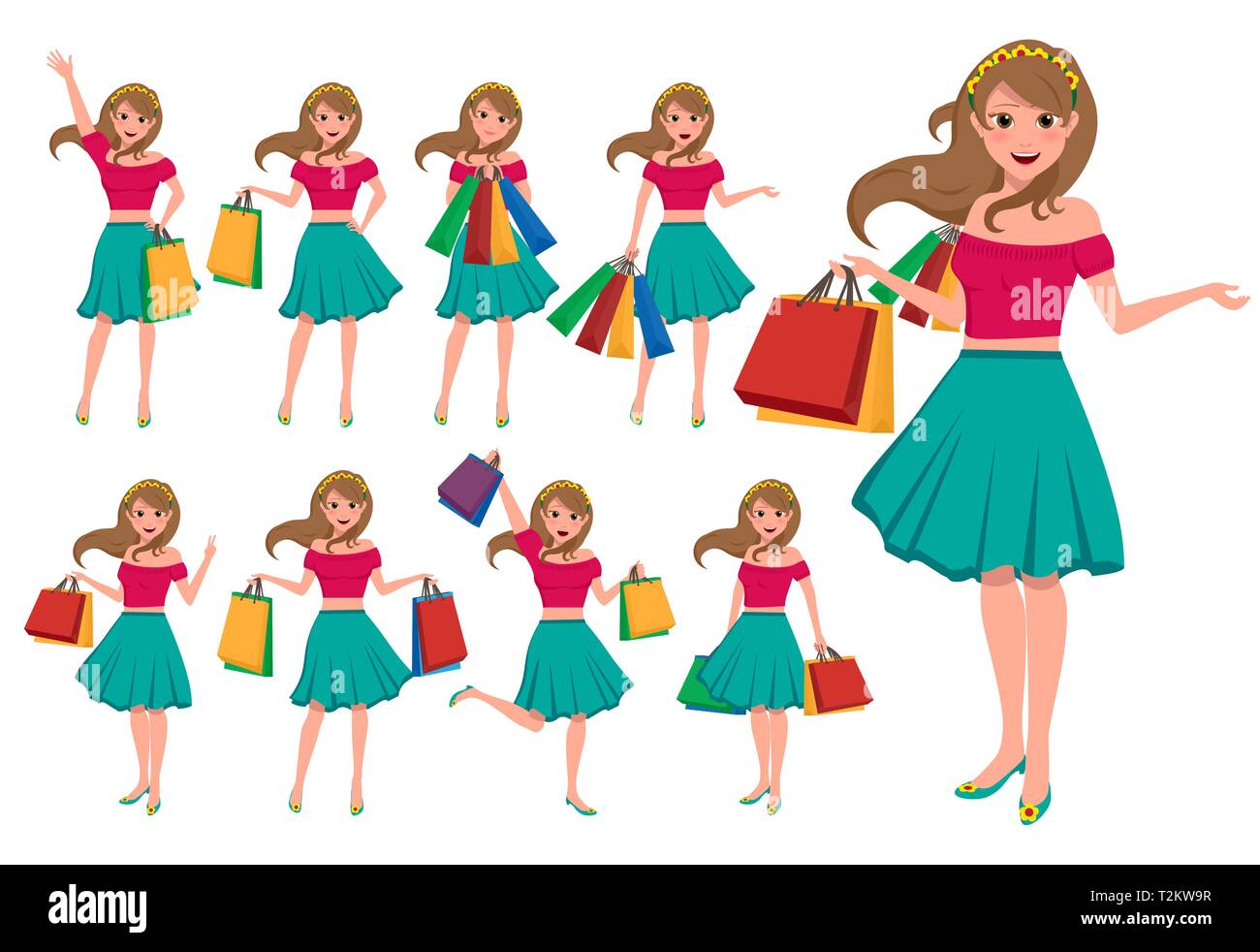 Shopping girl vector character set. Female shopper holding shopping ...