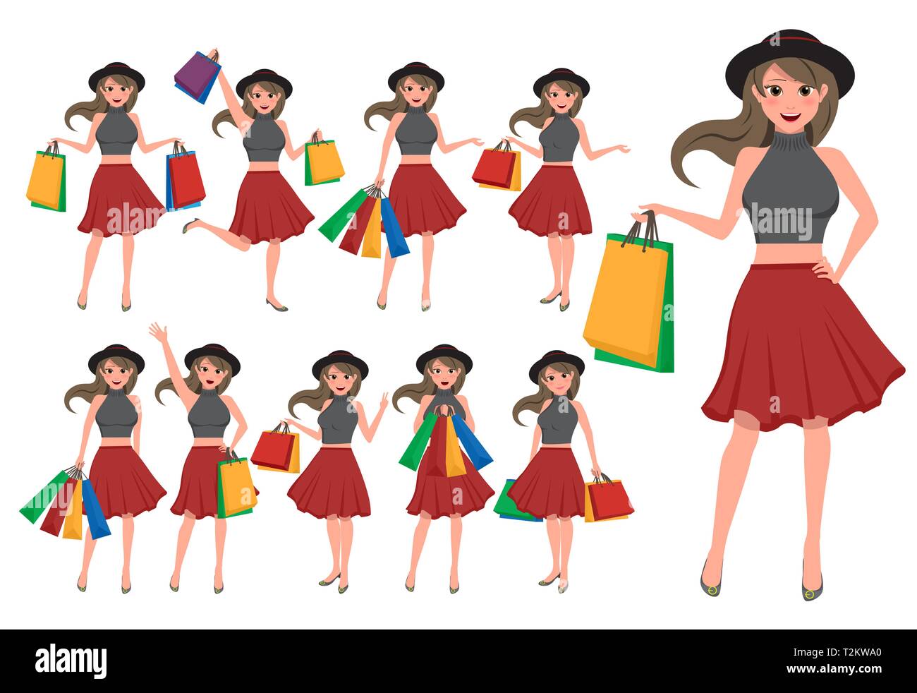 Woman shopping character vector set. Girl cartoon character holding ...