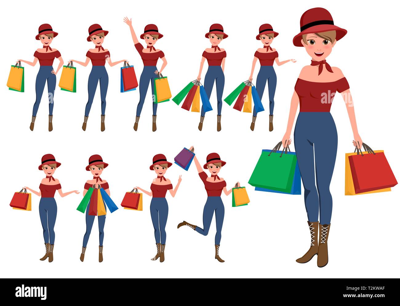 Shopping woman vector characters set. Girl store customer cartoon ...