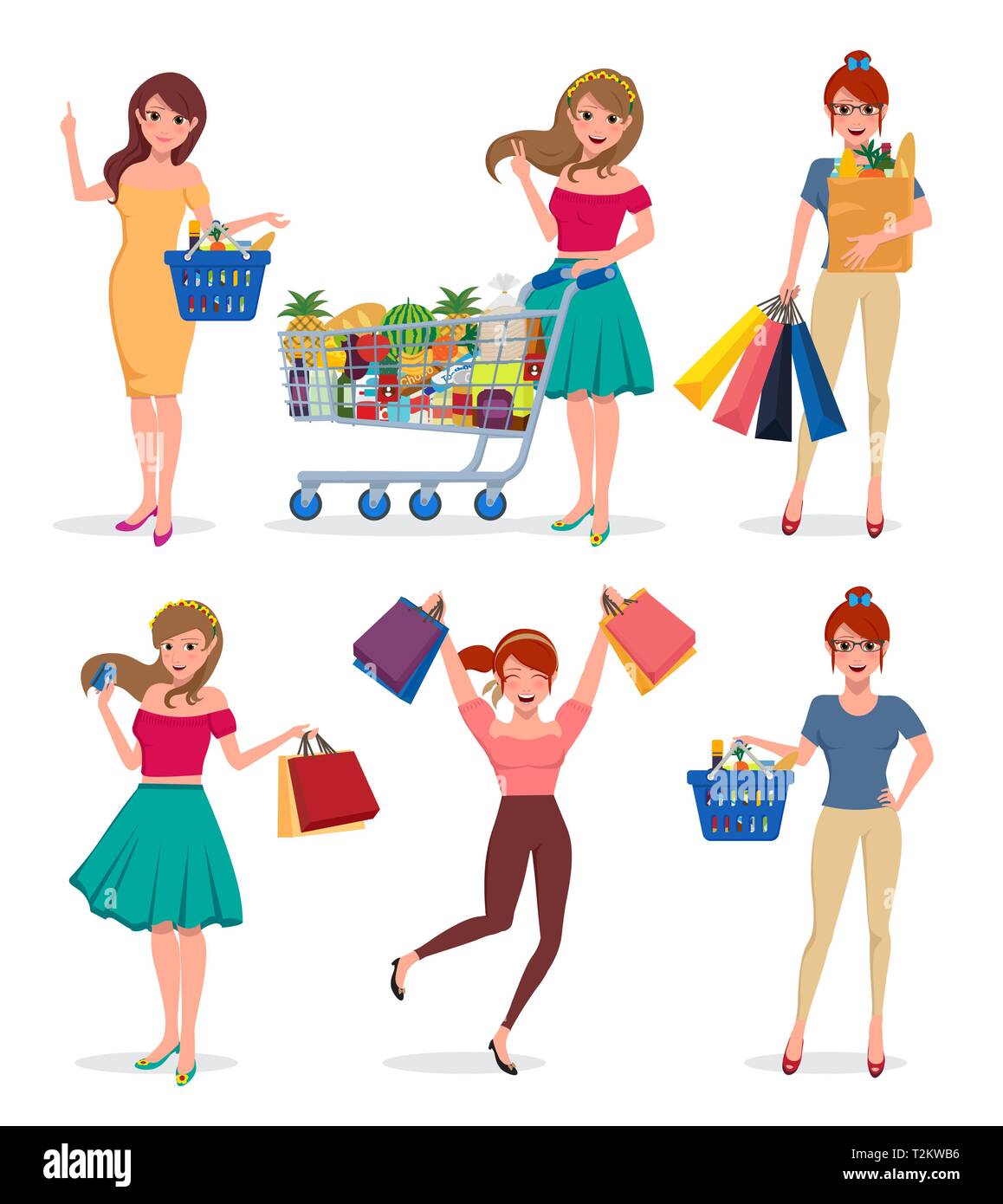 Shopping woman vector characters set. Female shopper holding shopping ...