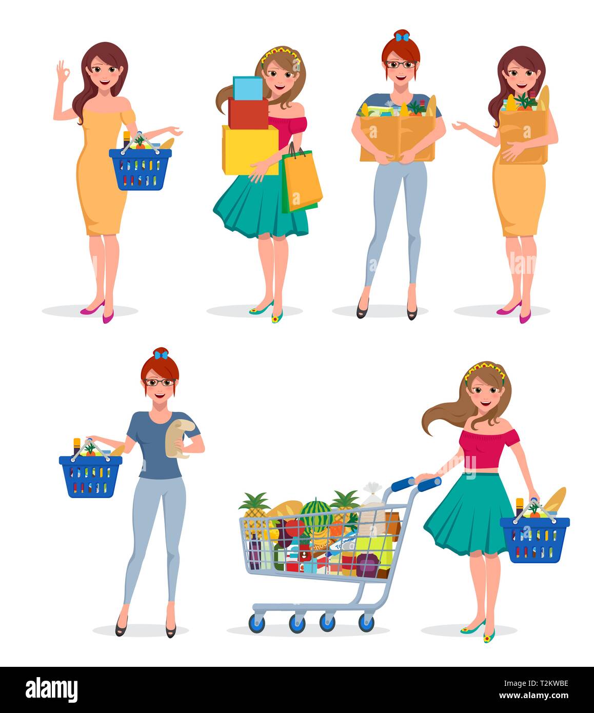 Girl shopping vector character set. Woman shopper happy holding ...