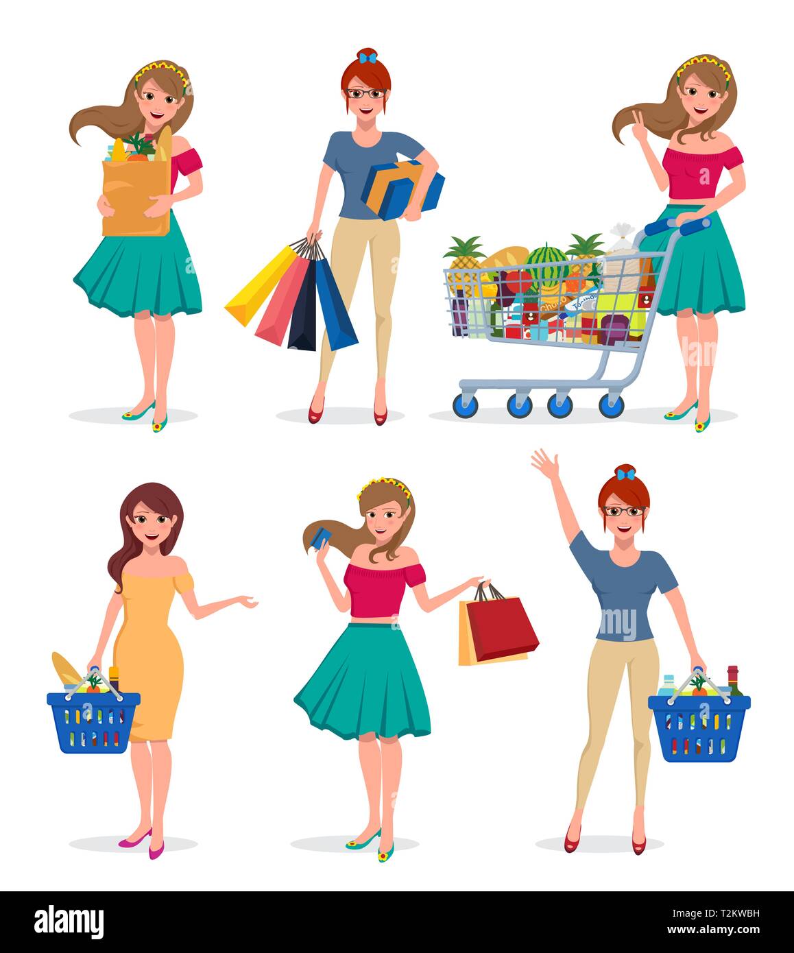 Female shopping vector characters set. Girl shopper holding shopping ...