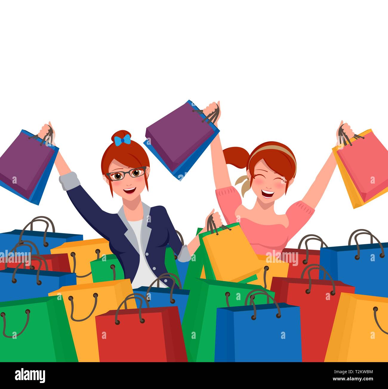 Happy female shopping customer holding shopping bags with white space ...
