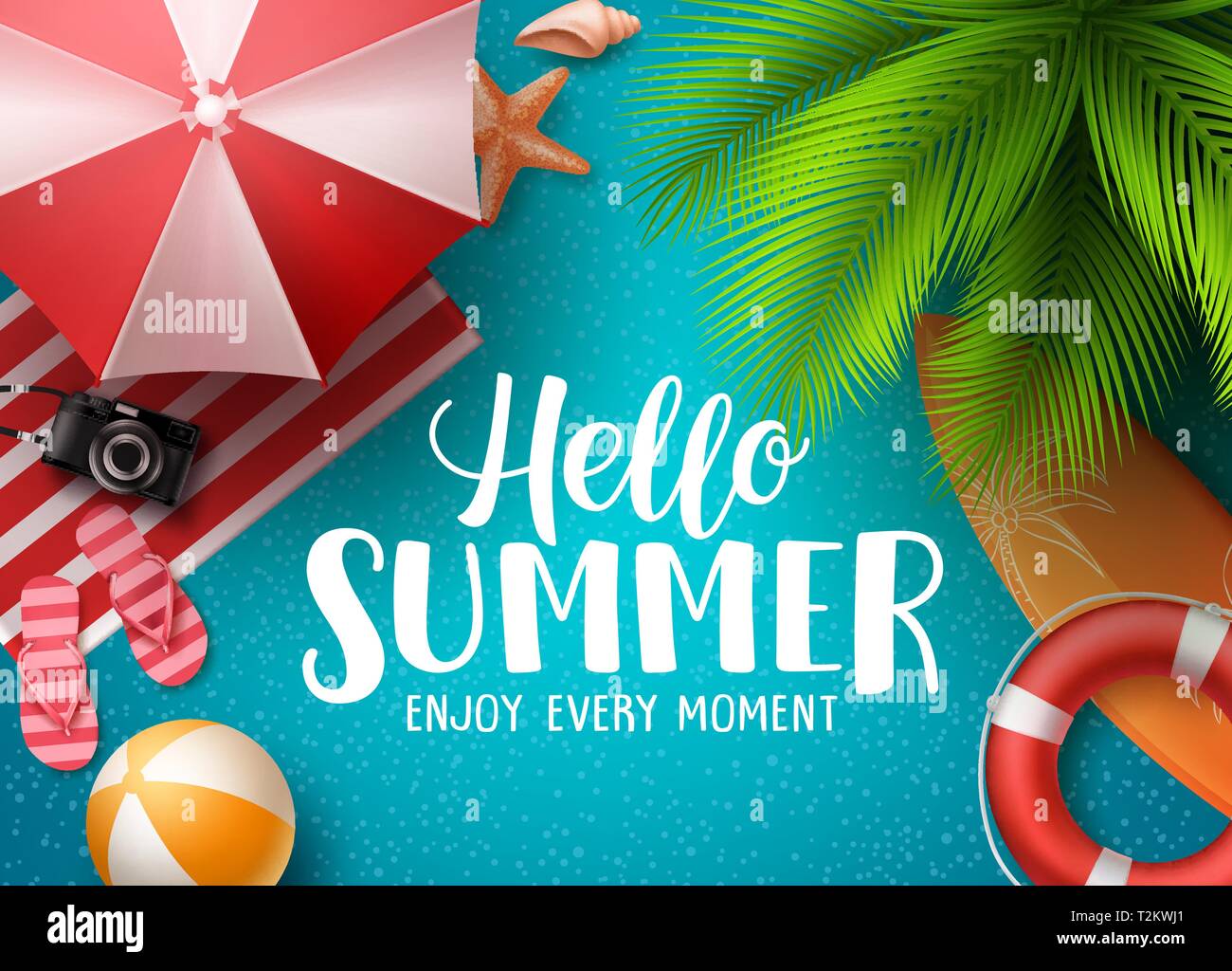 Hello summer in the beach vector background. Hello summer text with colorful beach elements like ...
