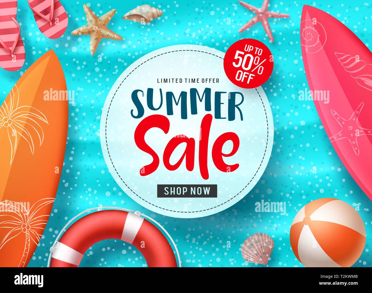 Summer sale vector banner design with colorful beach elements and sale ...