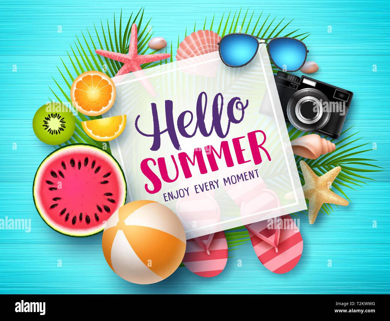 Hello summer vector banner template. Hello summer text in white space ...