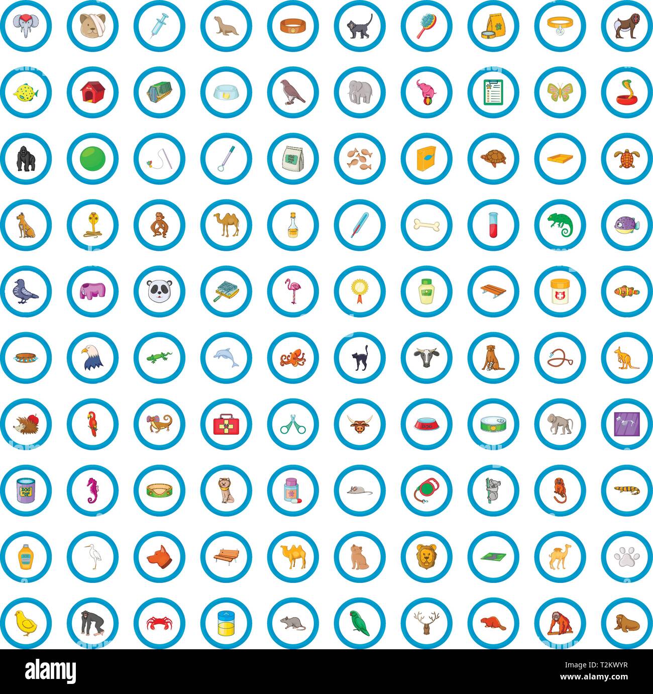 100 pets icons set in cartoon style for any design vector illustration ...