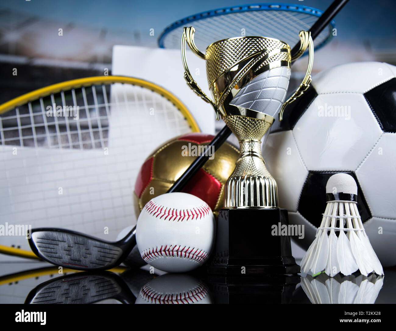 Podium for sports awards, equipment and balls Stock Photo - Alamy