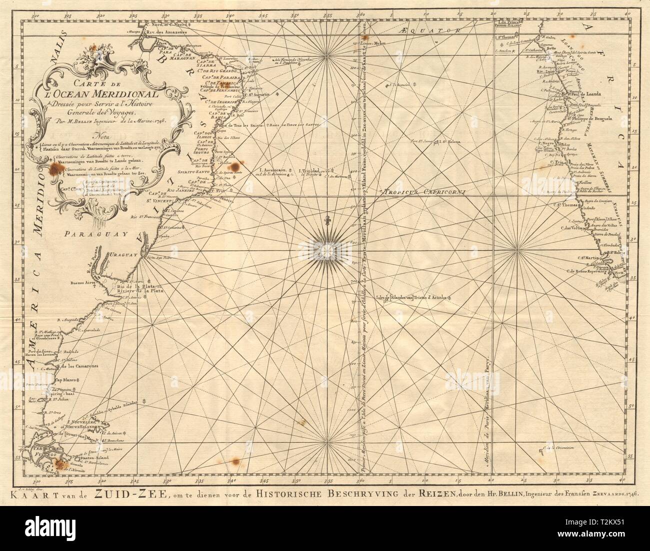 'Carte de l’Ocean Meridional'. South Atlantic Ocean. BELLIN/SCHLEY 1747 ...