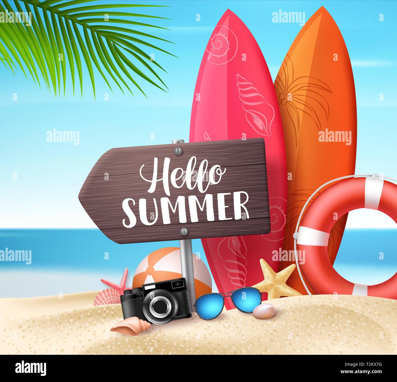Hello summer vector design concept. Wooden sign board with hello summer ...
