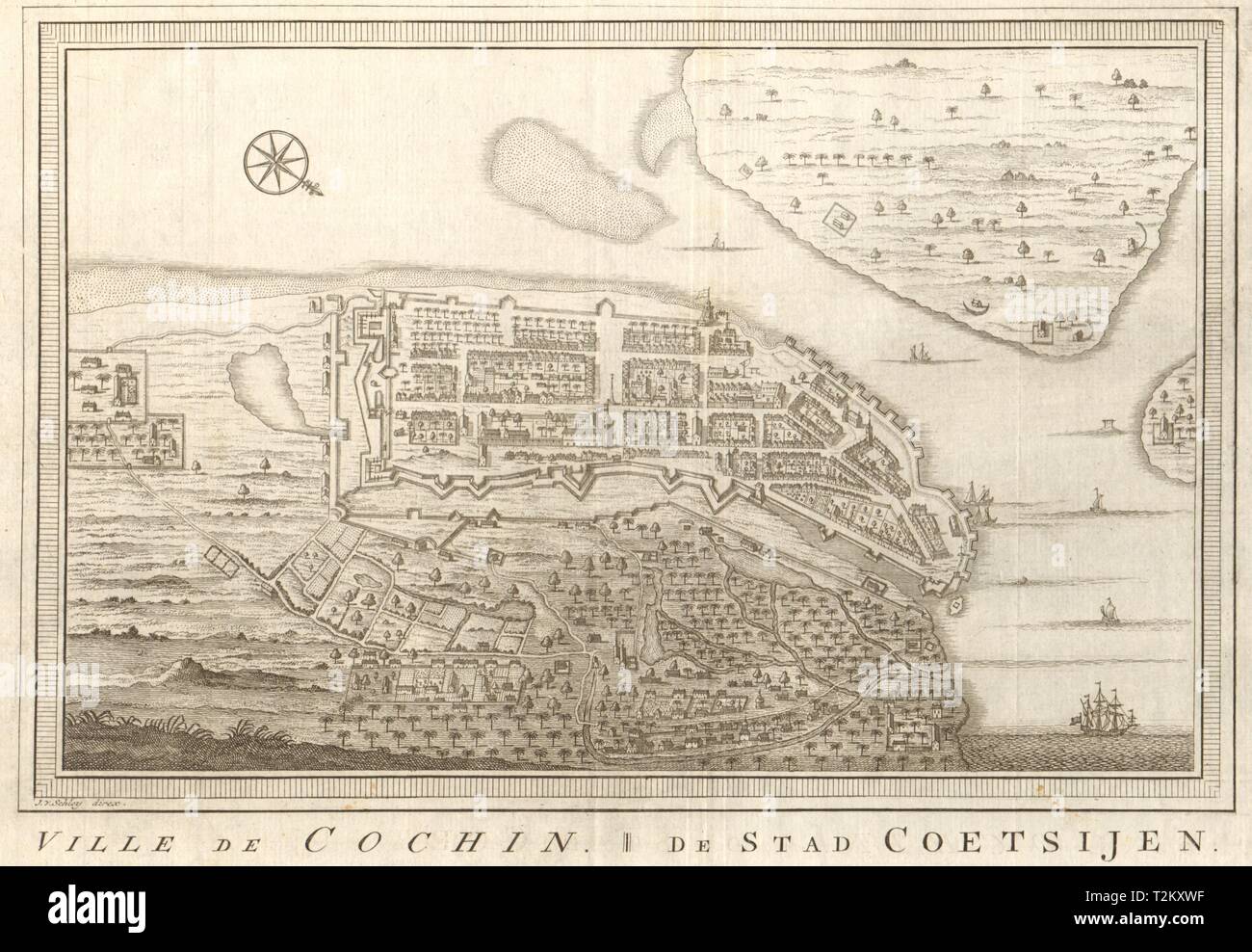 'Ville de Cochin'. India. Kochi town city plan. BELLIN / SCHLEY 1755 ...