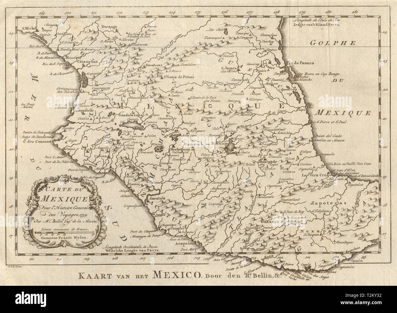'Carte du Mexique'. Central Mexico. BELLIN / SCHLEY 1758 old antique ...