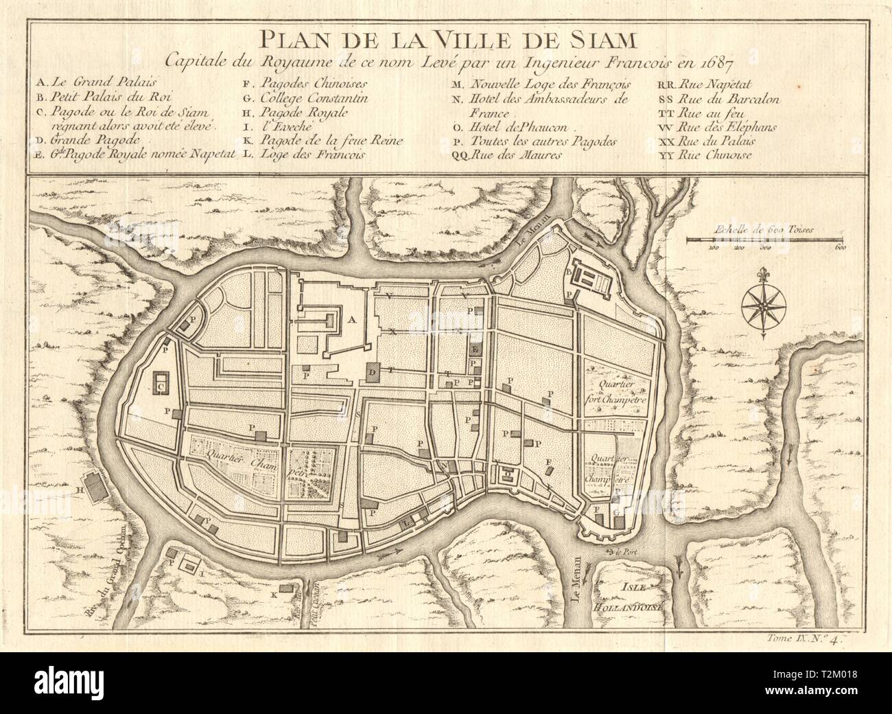 'Plan de la Ville de Siam'. Ayutthaya city plan, Thailand. BELLIN 1751 ...