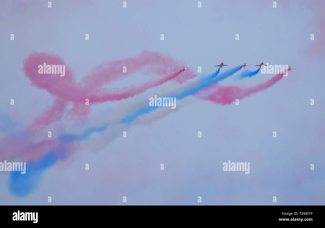 Red Arrows aerobatic display 170817 Stock Photo - Alamy
