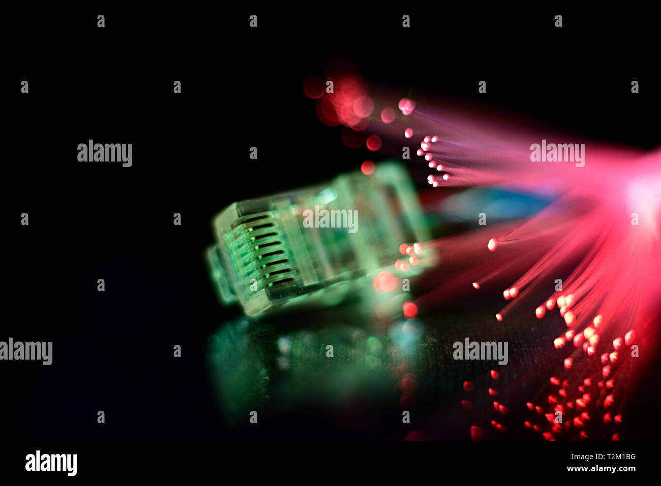 Network cable with fiber optics light on black background Stock Photo ...