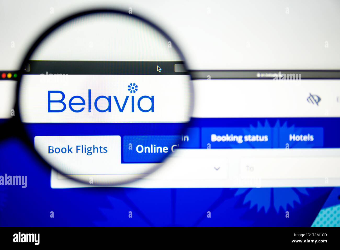 Air carrier Belavia website homepage. Belavia logo visible through a ...